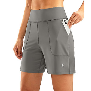 SANTINY Women's 6'' Athletic Long Shorts with 4 Pockets High Waisted Bermuda Shorts for Women Walking Running Casual (Light Grey_M)