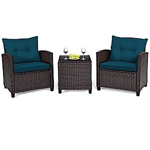 HAPPYGRILL 3 Pieces Patio Furniture Set Outdoor Furniture Rattan Wicker Chairs and Table Set, Balcony Porch Conversation Set with Washable Cushions & Tempered Glass Coffee Table (Blue)