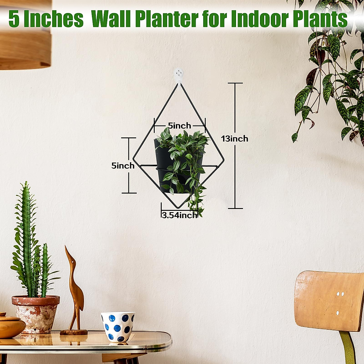 Koalaime 3 Sets of Wall Planters for Indoor Plants, Hanging Wall Planter with Black Metal Holder, Geometric Self Watering Wall Flower Pots, Wall Mounted Succulent Planter, 5" Black Plant Pot