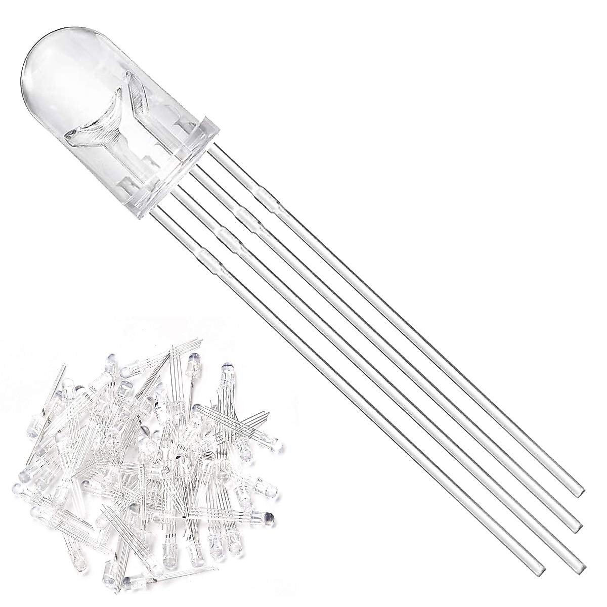 DAOKI 100Pack 5mm LED Light Emitting Diode Common Anode 4Pin RGB Tri-Color(Red/Green/Blue) Clear Transparent Round LED Lamps Buld for Arduino, PCB