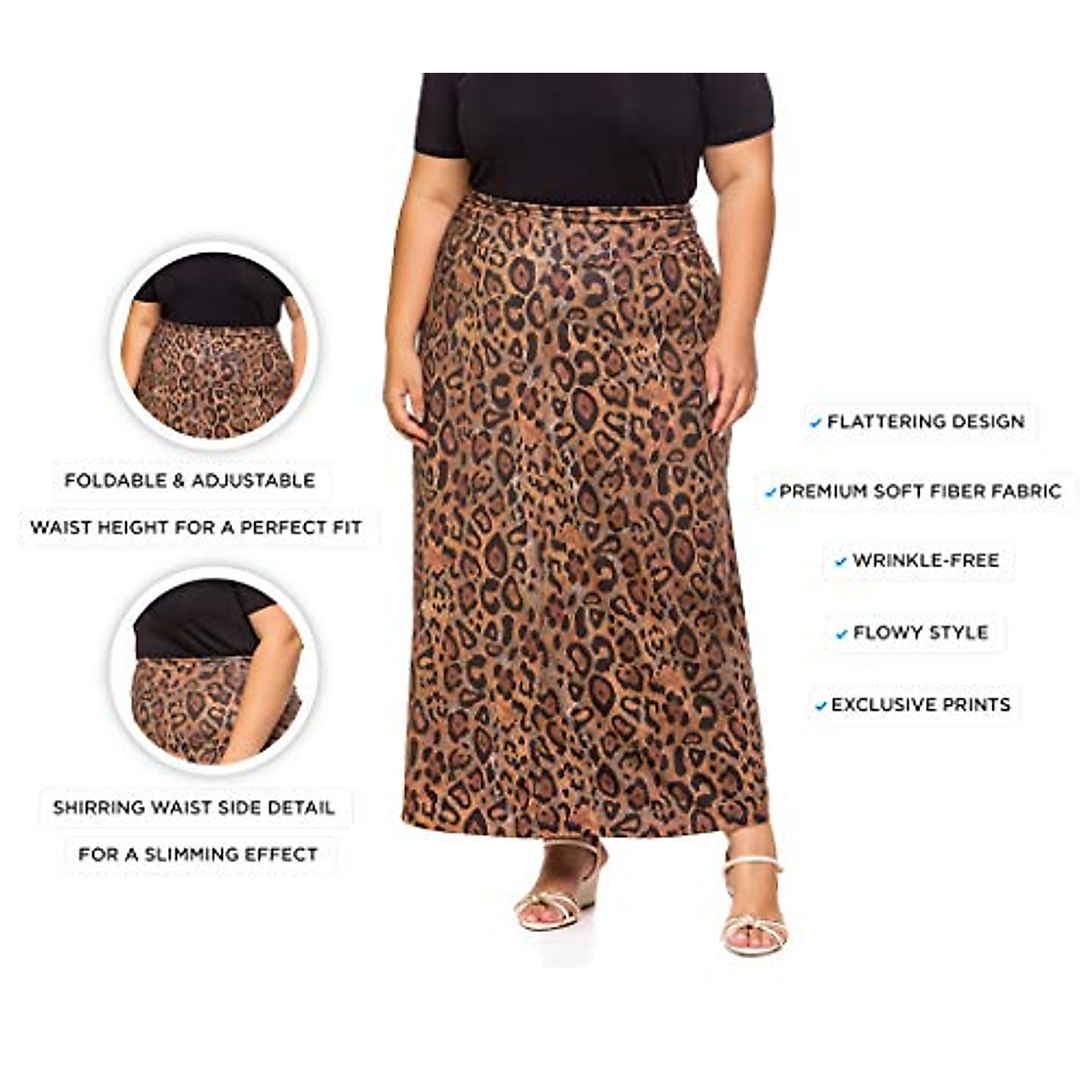 Women's Plus Size Maxi Skirt Fold Over High Waist Long Skirts, Brown Leopard, 4X