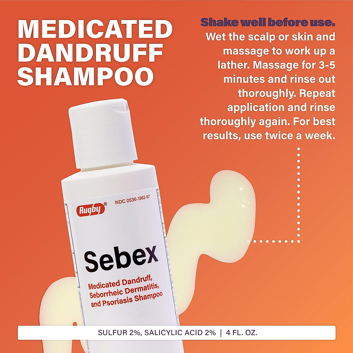 Rugby Sebex Medicated Dandruff Shampoo for Women and Men - 2% Sulfur and 2% Salicylic Acid Anti-Dandruff Shampoo - Helps With Symptoms of Seborrheic Dermatitis and Psoriasis - 4 Oz. (6 Pack)