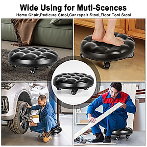 Low Height Rolling Stool with 360°Swivel Caster, Low Roller Seat Wheel Stool Chair, PU Leather Rolling Stool Heavy-Duty and Sturdy, Movable Mini Stool for Home Office Garage Shop Fitness Sport