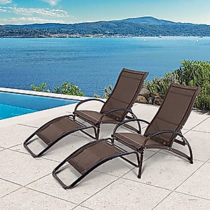 Crestlive Products Aluminum Outdoor Folding Reclining Rocking Chaise Lounge Chair, Adjustable Portable Sun Tanning Lounger, All Weather in Brown Finish for Lawn, Patio, Deck, Poolside (2 PCS Brown)