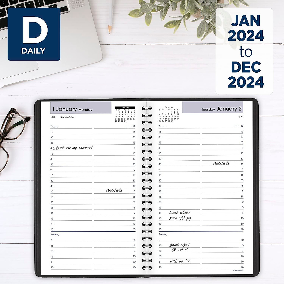 AT-A-GLANCE 2024 Daily Planner, DayMinder, Quarter-Hourly Appointment Book, 5" x 8", Small, Black (G1000024)