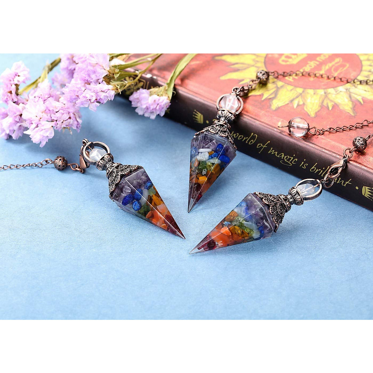 PESOENTH 7 Chakra Crystal Dowsing Pendulum Healing Hexagonal Gemstone Crystals Point Pendulum for Divination Scrying Dowser