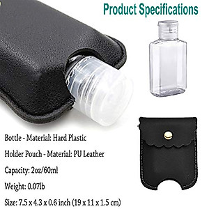SANJINFON Portable Squeeze Bottles 2oz with Leather Case Keychain, Empty Travel Bottle Holder for Hand Sanitizer & Essential Oil, Refillable Bottle Clips to Diaper Bag, Travel Bag (Black&Brown&Silver)