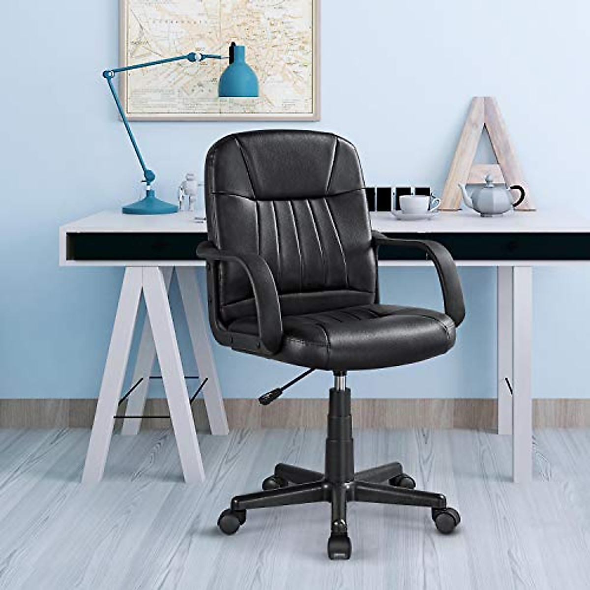 Yaheetech Office Chair Task Chair Mid-Back Executive Desk Chair PU Leather Ergonomic Computer Chair with Armrest, Black