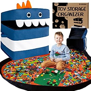 Toy Storage Organizer with Play Mat - XXL Monster Storage Bag/Box for Kids, Boys, Girls, Nursery, Playroom - Basket for Building Bricks/Blocks - Collapsible Fabric Cube Bin, 15"x15"x15"