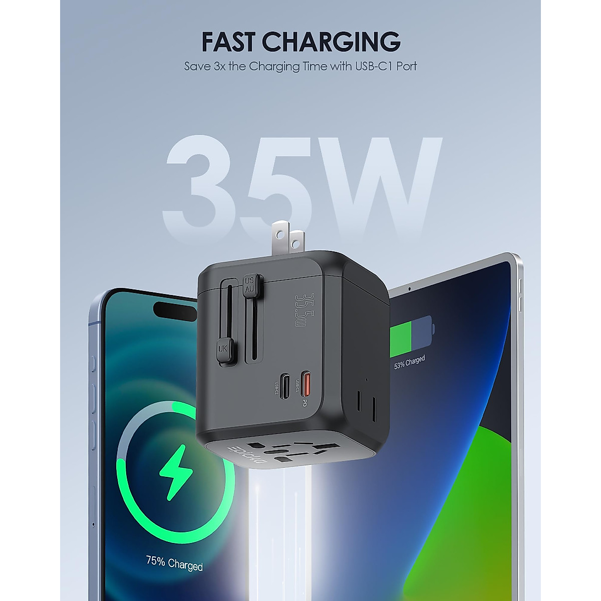 EPICKA Universal Travel Adapter, International Plug Adapter with Dual AC Outlet, 2 USB-C 35W PD Fast Charging & 3 USB-A, All in One Worldwide Wall Charger (TA-205, Black)