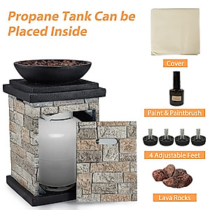 AVAWING Propane Firebowl Column, 40000 BTU Outdoor Gas Fire Pit, Compact Ledgestone Firepit Table with Lava Rocks and Rain Cover