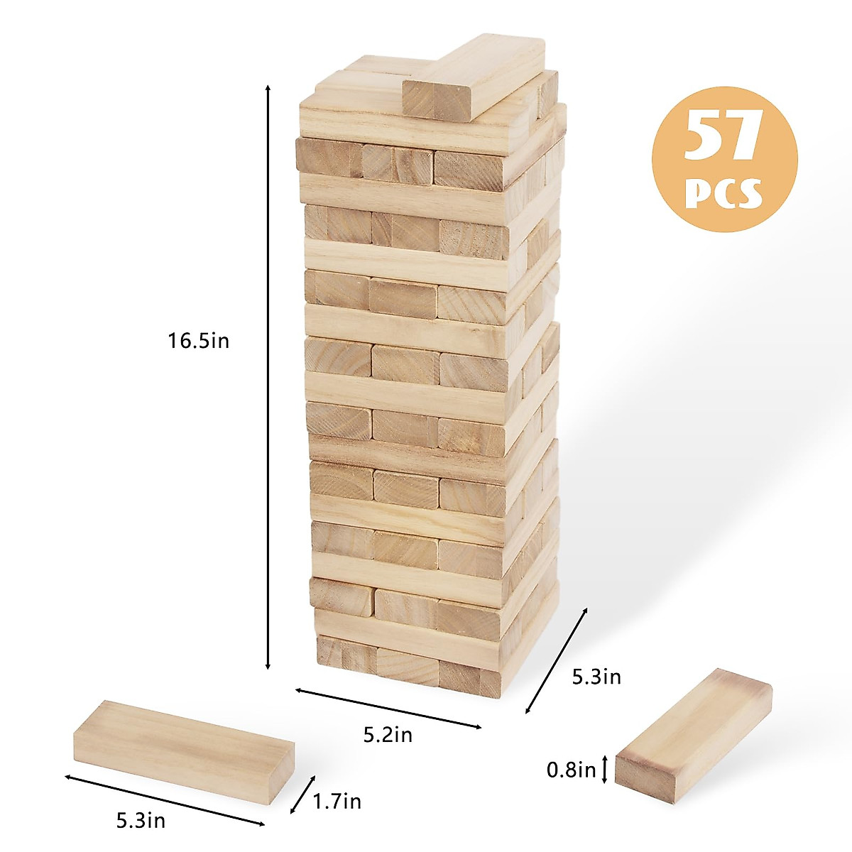 WOODENFUN Large Wooden Tumbling Tower Game, Stack to Over 18 in 57pcs Jumbo Yard Games Outdoor Timber Stacking Game Night Toy Gift for Kids Adults Family