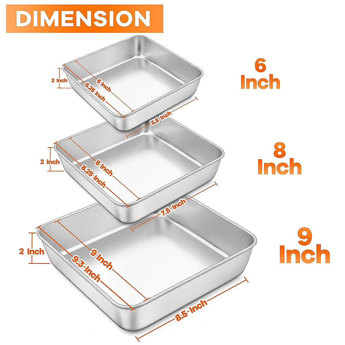 TeamFar Square Cake Pan, 6/8 / 9 Inch Stainless Steel Square Baking Pan for Cake Brownie Lasagna, Non-Toxic & Heavy Duty, One Piece Design & Deep Wall, Smooth & Dishwasher Safe – Set of 3