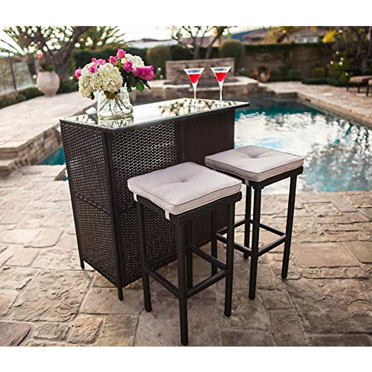 SUNCROWN Outdoor Bar Set 3-Piece Rattan Wicker Patio Furniture, Glass Bar and Two Stools with Cushions and 9 FT Patio Umbrella for Patios, Backyards, Porches, Gardens or Poolside, Sky Blue