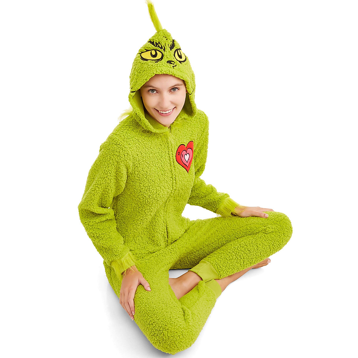 The Grinch Women's Fuzzy Plush Warm Holiday Hooded Union Suit Pajamas (Green, 3X)