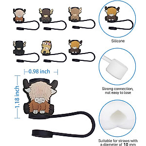 Straw Toppers, 6PCS 10mm Highland Cow Straw Cover Compatible with Stanley Yeti Tumbler Straw, 0.4in Cow Straw Topper Cap, Cute Stanley Cup Accessories