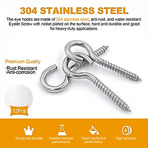 YAIRMIS Pack of 12 M6 Metal Hooks, heavy-duty304 Stainless Steel Screw Hooks, self-Tapping Eye-Ring Bolt Hooks, Wooden Terminal Eye-Hole Hooks, Pendant Lights and Wires, Strong