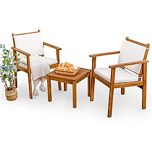 Greesum 3 Piece Bistro Patio Furniture Outdoor Chat Chair Set with Water Resistant Cushions and Coffee Table for Beach Backyard Garden, White