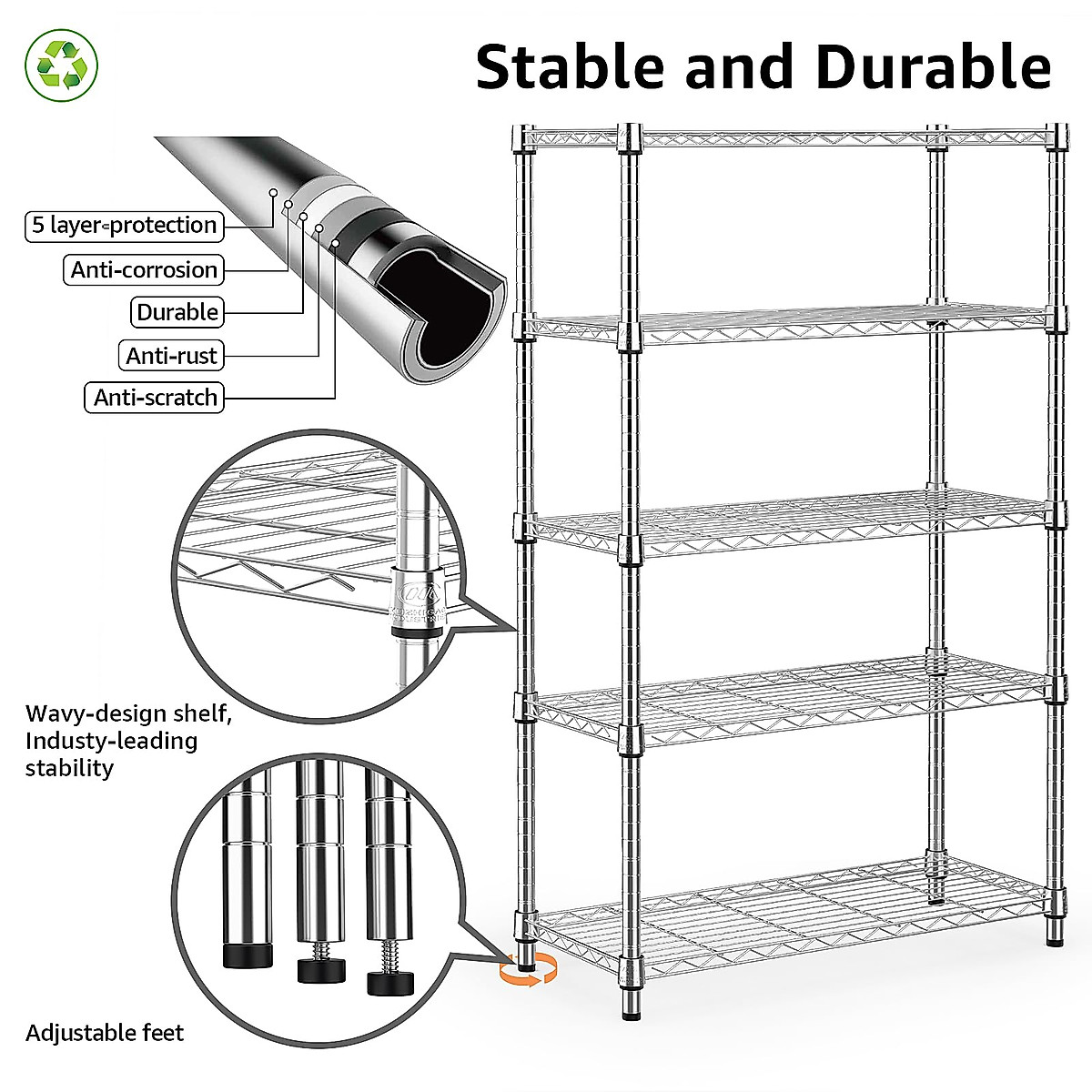 MZG 1250 lbs Steel Heavy Duty 5-Tier Utility Shelving Unit Steel Organizer Wire Rack for Home,Kitchen,Office,Chrome (13.7" D x 23.6" W x 62.4" H)