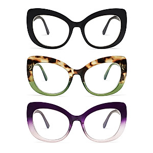AMOMOMA 3 Pack Stylish Oversized Cat Eye Reading Glasses for Women Fashion Readers Blue Light Square Computer Glases AM6077 C1+C2+C3 1.0