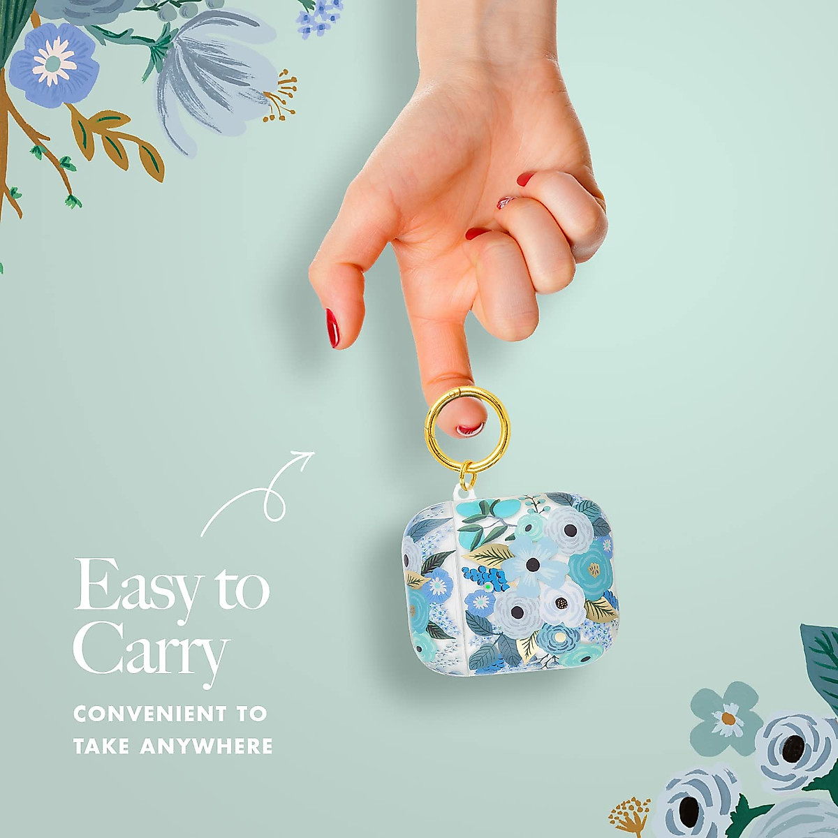 Rifle Paper Co. Airpods 2nd / 1st Generation Case Cover with Keychain Ring [Wireless Charging] [Front LED Visible] Cute Apple Airpods Case 2 and 1 with Floral Design, Anti Scratch - Garden Party Blue