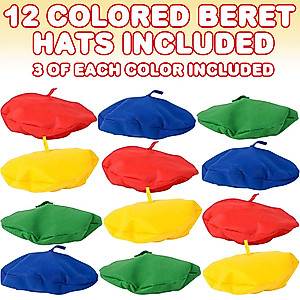 ArtCreativity Color Berets for Kids and Adults, Set of 12, French Hats with Velvety Textured Fabric, Painter Costume Prop for Halloween, Dress Up Parties, and Photo Booth, 4 Colors