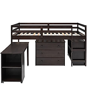 DEYOBED Twin Size Wooden Loft Bed Frame with Cabinet, Rolling Portable Desk and Storage Shelves for Kids Teens
