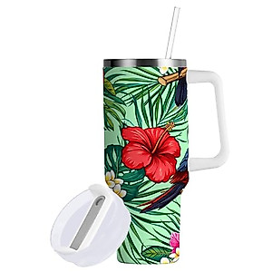Burbuja Toucans Hibiscus 40oz Insulated Tumblers with Handle and Straw Lid, Double Wall Stainless Steel Travel Mug Leak-Proof, BPA Free, Gift for Mom Dad