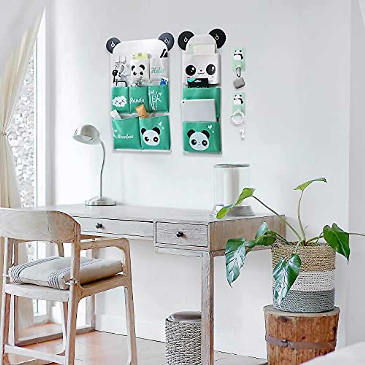 pandaonly 2 Wall Hanging Storage Bag,Linen Cotton Fabric Waterproof Pocket Organizer Bag with 6 Hooks,Over the Door/Wall for Bedroom Bathroom Closet Home Organizer