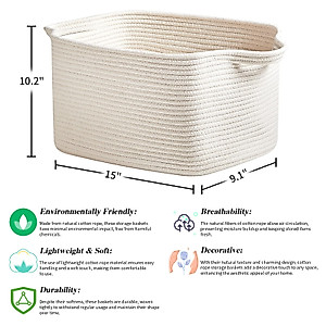 R RUNKA Cotton Rope Storage Basket Set of 3 (15"x10.2"x9.1") - Rectangle Storage Bins - Versatile Toy Storage Organizer - Perfect for Kids, Dog Toys, Books, Shelves - White
