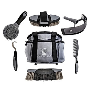 Rugged Horse Grooming Kit - Seven Piece Grooming Kit for Horses. Contains Horse Brushes, Hoof Pick, Sweat Scraper and Grooming Tote