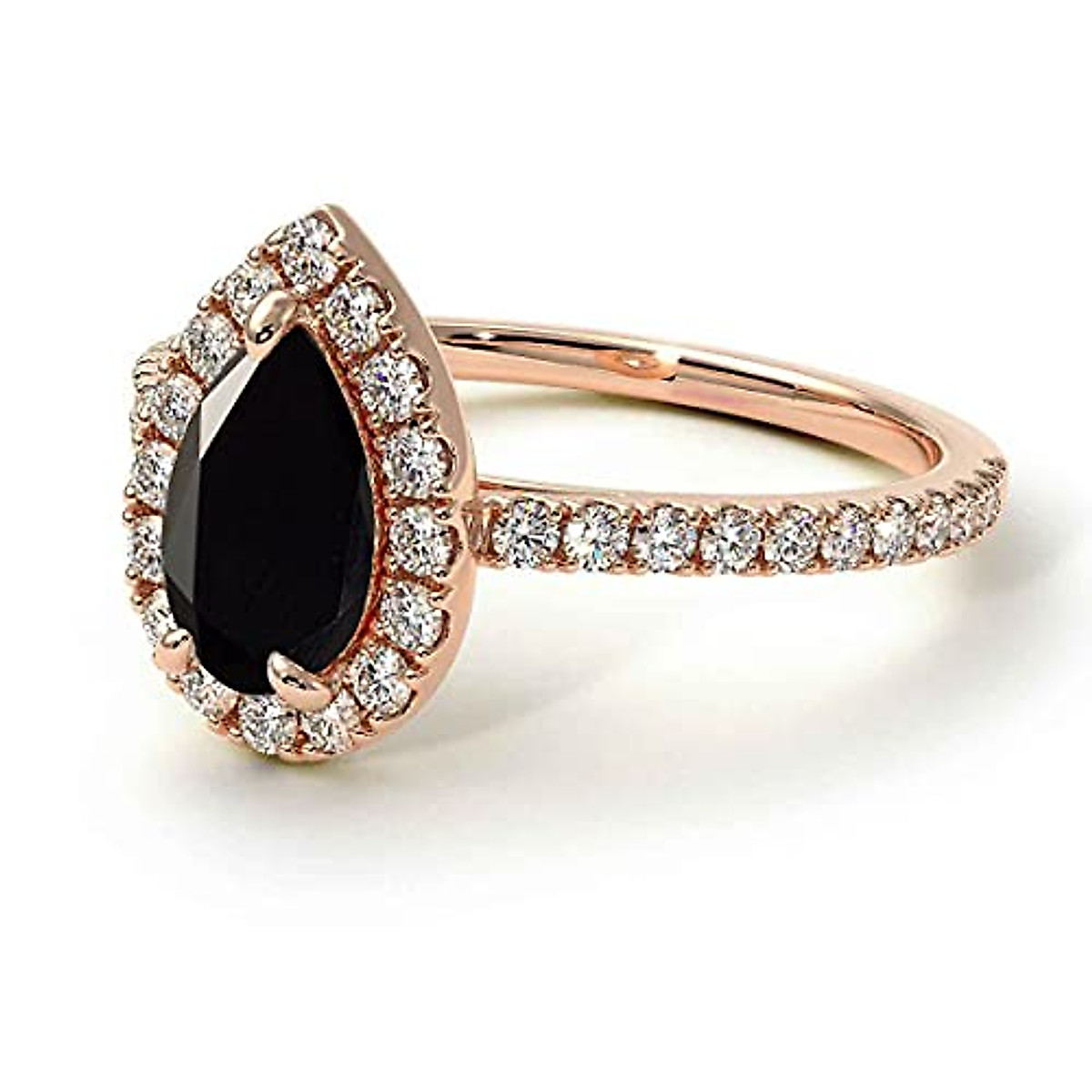 Gemsonclick Natural-Black Onyx 18K Rose Gold Ring Pear Shape Halo Diamond Design Wedding Engagement Handmade And Fashion Jewelry For Women Girl Available in size 7