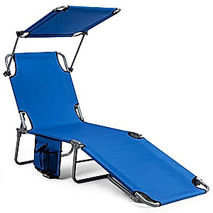 Giantex Lounge Chaise Chair Position and Shade Adjustable W/Canopy and Storage Pocket Folding Cot Recliner for Garden, Yard, Pool Side and Beach Sunbathing Folding Lounge Chairs(1, Navy)