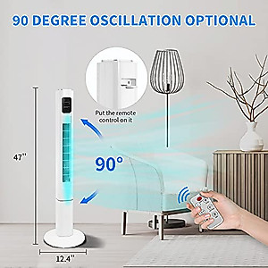 Antarctic Star Tower Fan Oscillating Fan Quiet Cooling Remote Control Powerful Standing 3 Speeds Wind Modes Bladeless Floor Fans Portable Bladeless Fan for Children Bedroom Home Office (White, 47")