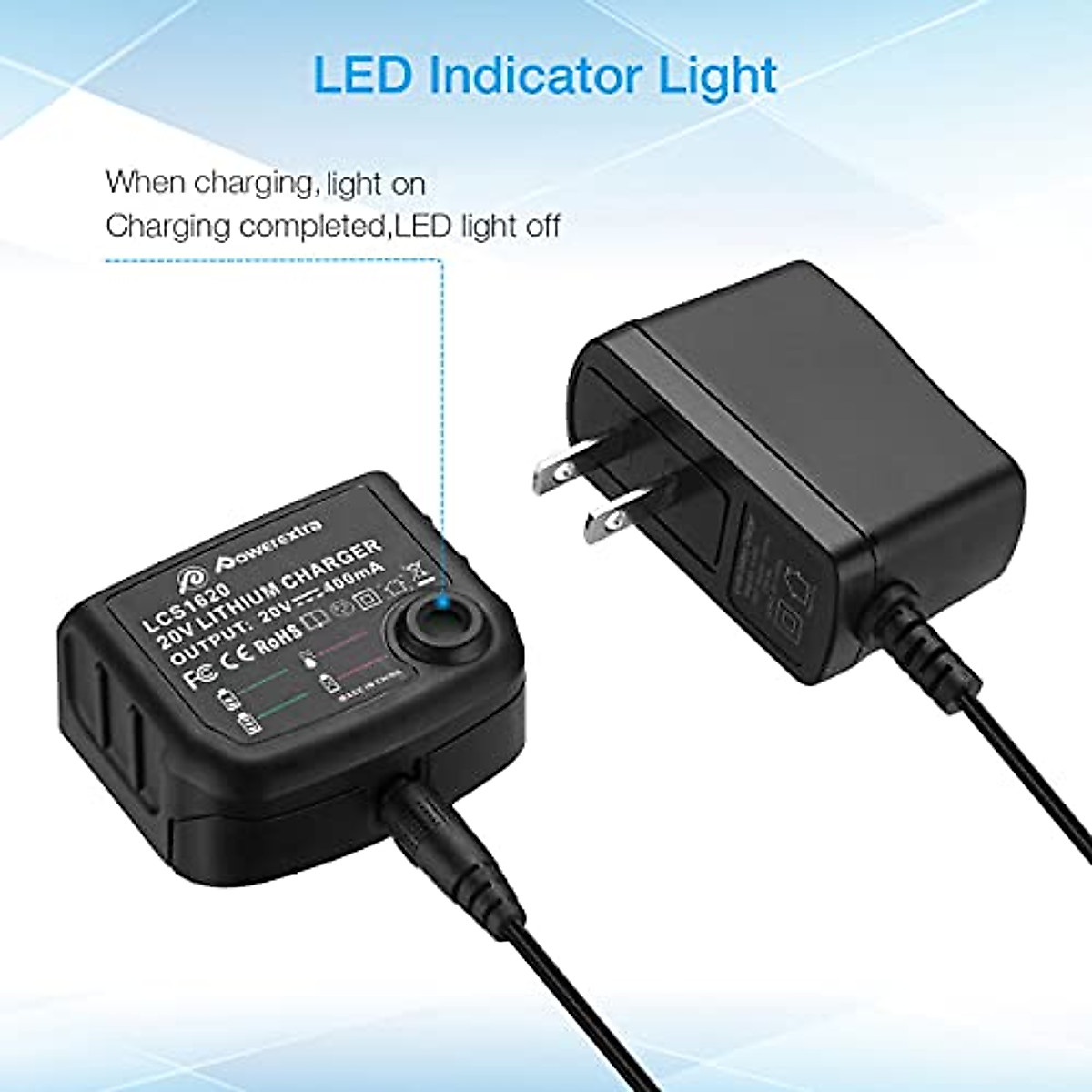 Powerextra 20 Volt Lithium Battery Charger LCS1620 for Black and Decker 16V 20V Lithium Ion Battery LBXR20 LBXR20-OPE LB20 LBX20 LBX4020 LB2X4020 LBXR2020-OPE BL1514 LBXR16
