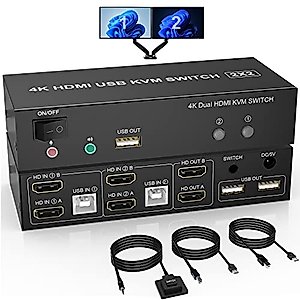 Dual Monitor KVM Switch HDMI 2 Port, 4K@60Hz Extended Display KVM Switch 2 Monitors 2 Computers with Audio Microphone Output and 3 USB Ports, PC Monitor Keyboard Mouse Switcher