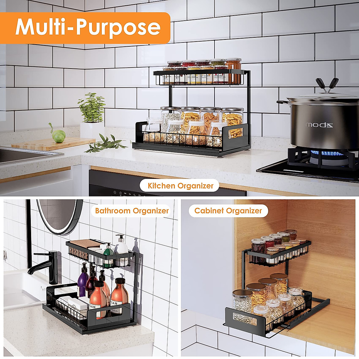 Under Sink Organizer, 2 Tire Sliding Countertop Organizer, Under Sink Storage Drawer Shelf for Kitchen Bathroom Sink Organizers and Storage