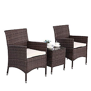 Polar Aurora 3pcs Patio Bistro Set Outdoor Armchairs PE Rattan Wicker Furniture 3 Piece Conversation Set Garden Table and Chairs with Washable Cushions