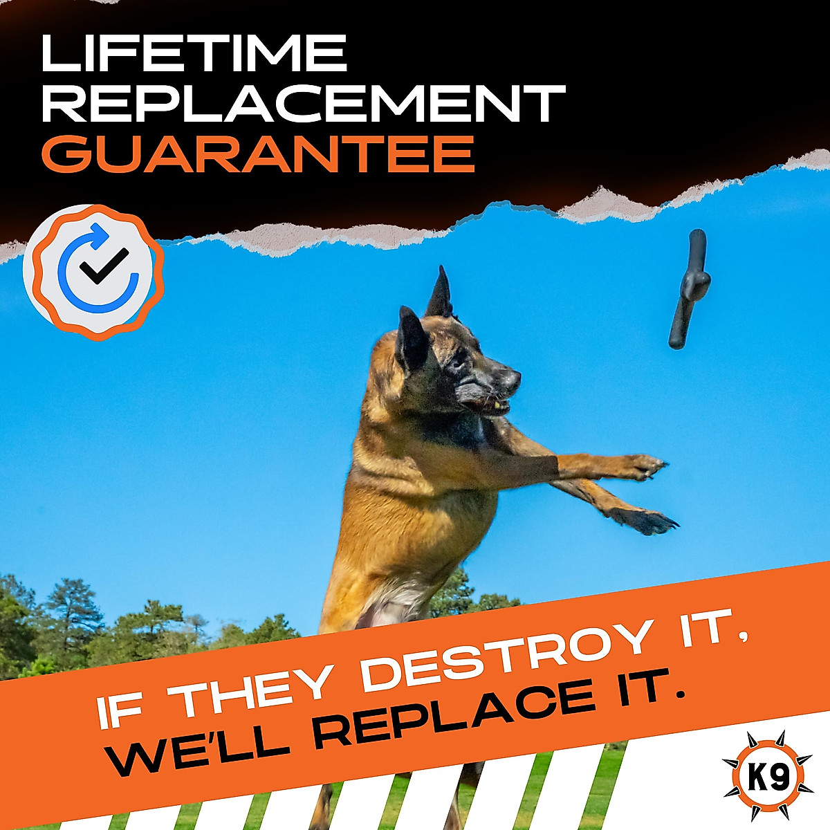 Monster K9 Ultra Durable Boomerang Dog Toy - Medium & Large Breed - for Super Aggressive Power Chewers - Tough & Strong, Extreme Heavy Duty Natural Rubber - Fetch, Tug, & Chew - 8" Dia.