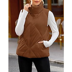 MEROKEETY Womens Puffer Vest Sleeveless Zip Up Quilted Coat Lightweight Stand Collar Gilet Jacket With Pockets Brown Medium