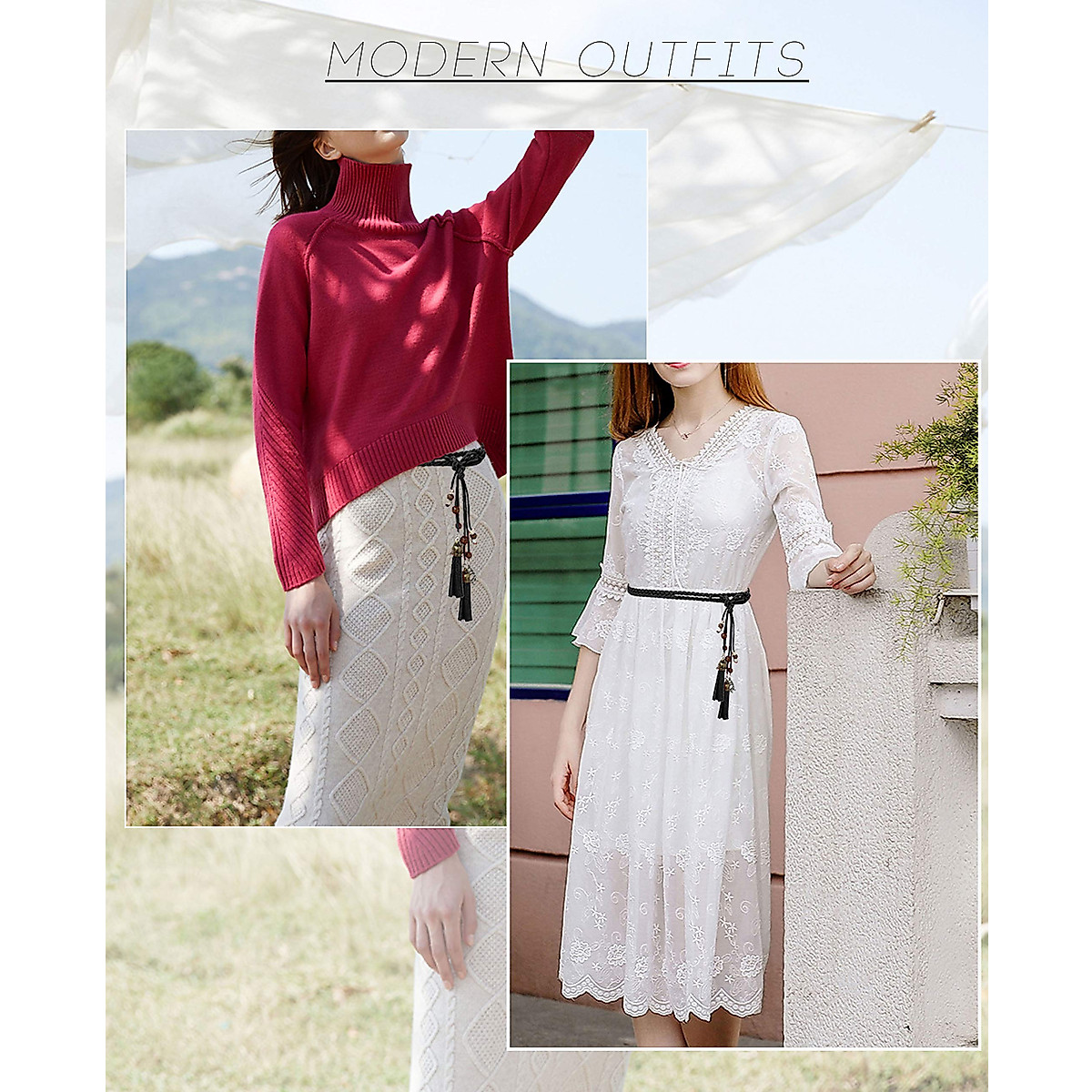 Exotic Women Black Waist Belt/ Rope/Chain Skinny Belt with Tassel and Beads for Ladies Skirt Dress in 8 Colors