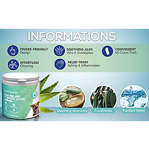 VET PRIME CARE Pet Finger Wipes for Dogs Ear Relief, Aloe Vera & Eucalyptus Infusion, Pet Grooming Wipes, Remove Debris & Ear Wax, Soothe & Deodorize, 55-Count Pack.