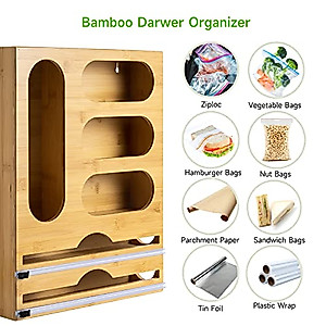 Hisrdomz Ziplock Bag Organizer with Dispensers & Cutters | 6 in 1 Bamboo Drawer Organizer for Ziplock Bags,Suitable for Gallon, Quart, Sandwich & Snack Bag, Cling Film, Aluminum Foil