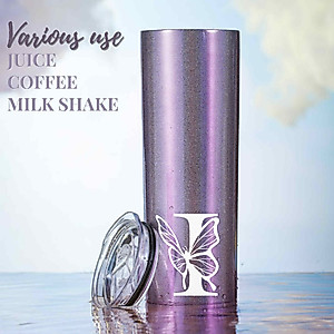 Purple Butterfly Gifts with Initial for Butterfly Lovers, Initial 20oz Stainless Steel Wine Tumbler with Butterfly Alphabet Design, Perfect for Women & Girls, Birthday, Christmas, Mother's Day - J