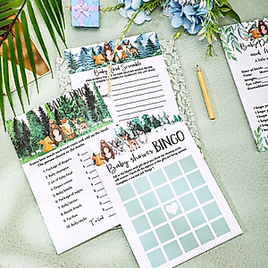 Gersoniel 135 Pieces Woodland Baby Shower Game Cards Forest Animals Baby Shower 5 Games Set Guess Who Mommy or Daddy Game Well Wishes Bingo Game Woodland Creatures Theme with Pencils for Boy Girl