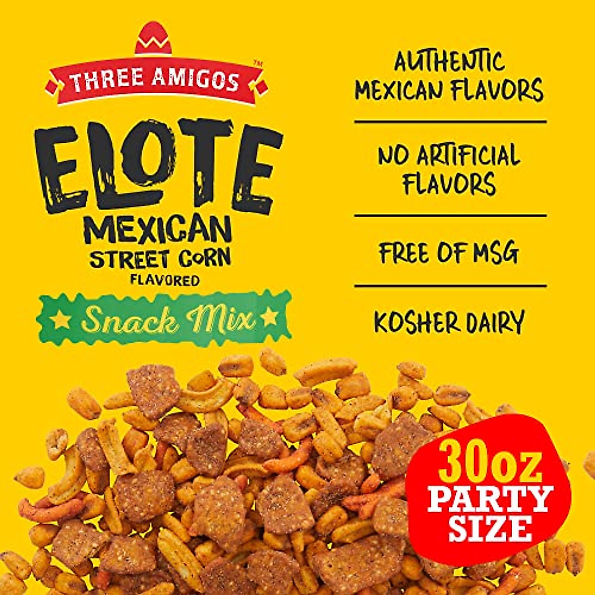 Three Amigos - Elote Mexican Street Corn Snack Mix- Deliciously Crunchy, Tangy, Hot, Sweet & Spicy Snacks - Gourmet Roasted Variety Food Snacks for Adults and Kids (Elote 30 oz)