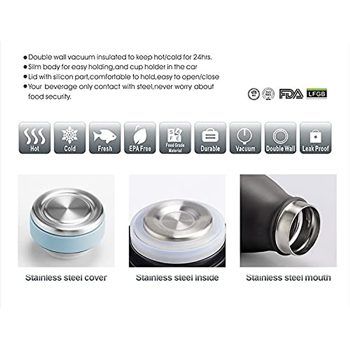 IVMET Aqua Stainless Steel Double Wall Vacuum Insulated Drinking Bottle Flask thermos Hydro Metal reusable Canteen for Sport Fitness Outdoor (Cool Grey, 25.3 Oz/750 ml)