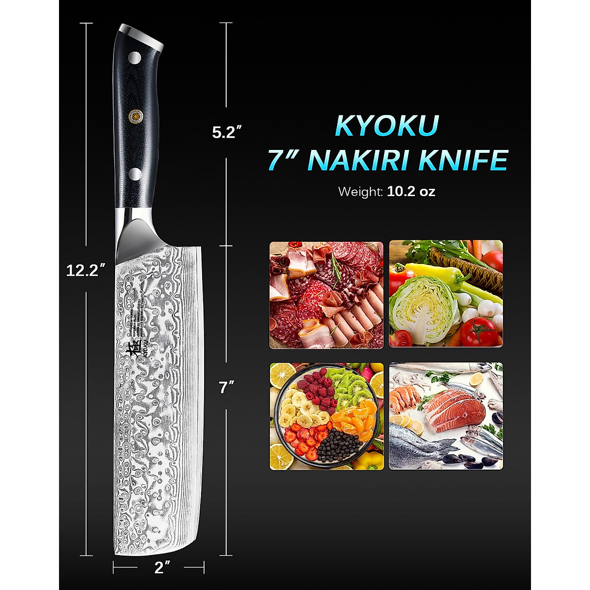 KYOKU Gin Series Nakiri Knife, 7" Vegetable Knife, Japanese VG10 Damascus Stainless Steel Kitchen Knife with Silver Ion Blade G10 Handle & Mosaic Pin, Professional Chef Knife for Veg Fruit Meat
