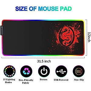 Large RGB Gaming Mouse Pad - 15 Light Modes Extended Computer Keyboard Mat, Anime Dragon Mouse Pad，High-Performance Mouse Pad Optimized for Gamer 31.5 X 12in (Red)