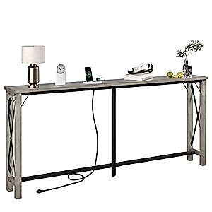 IDEALHOUSE Sofa Tables Narrow Long, Extra Long Console Table with Outlets, 73.2" Behind Couch Table, Grey Farmhouse Entryway Table for Living Room, Hallway, Foyer
